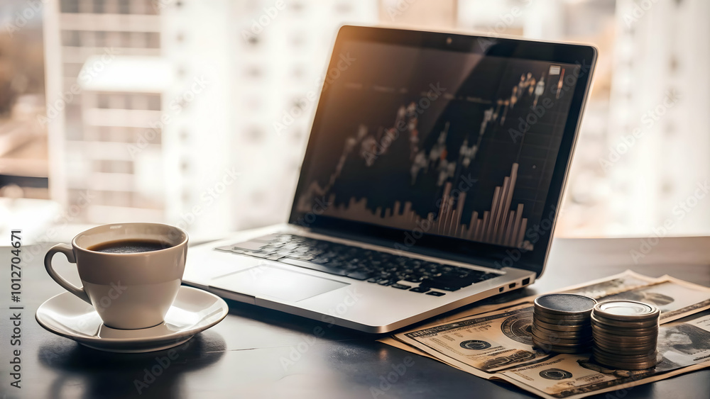Sophisticated Office Desk with Laptop Showing Financial Graphs, Elegant ...