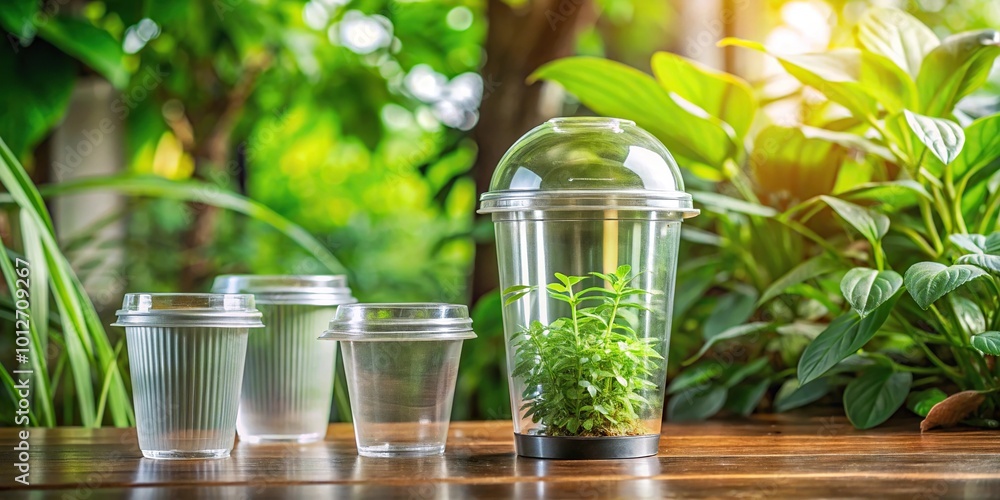 Forced perspective plastic glass and covers near a bunch of plants ...