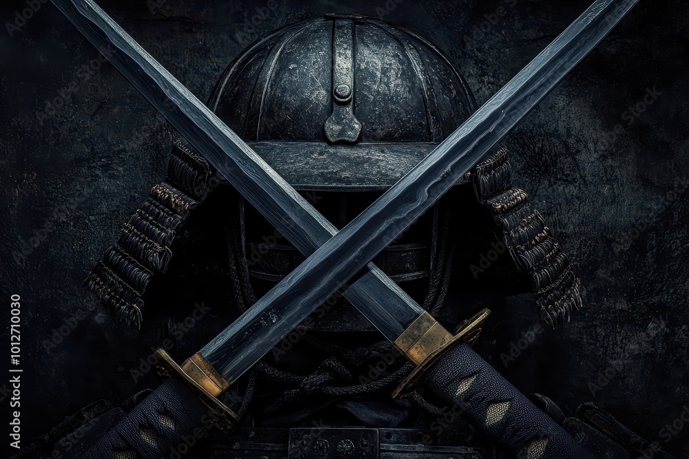 Medieval Japanese samurai swords crossed with dark helmet Stock Photo ...