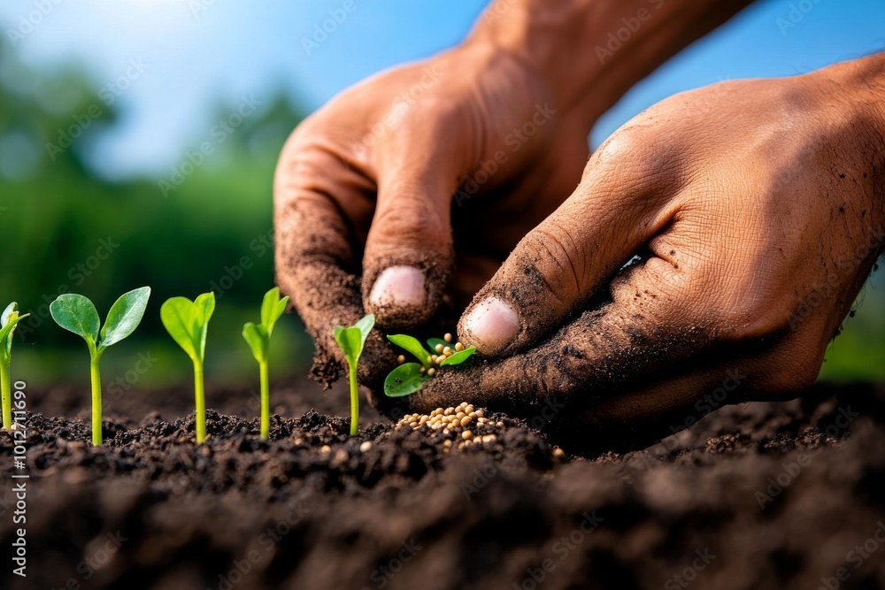 Hyper-realistic image of a farmerâ€™s hands planting seeds, with every ...