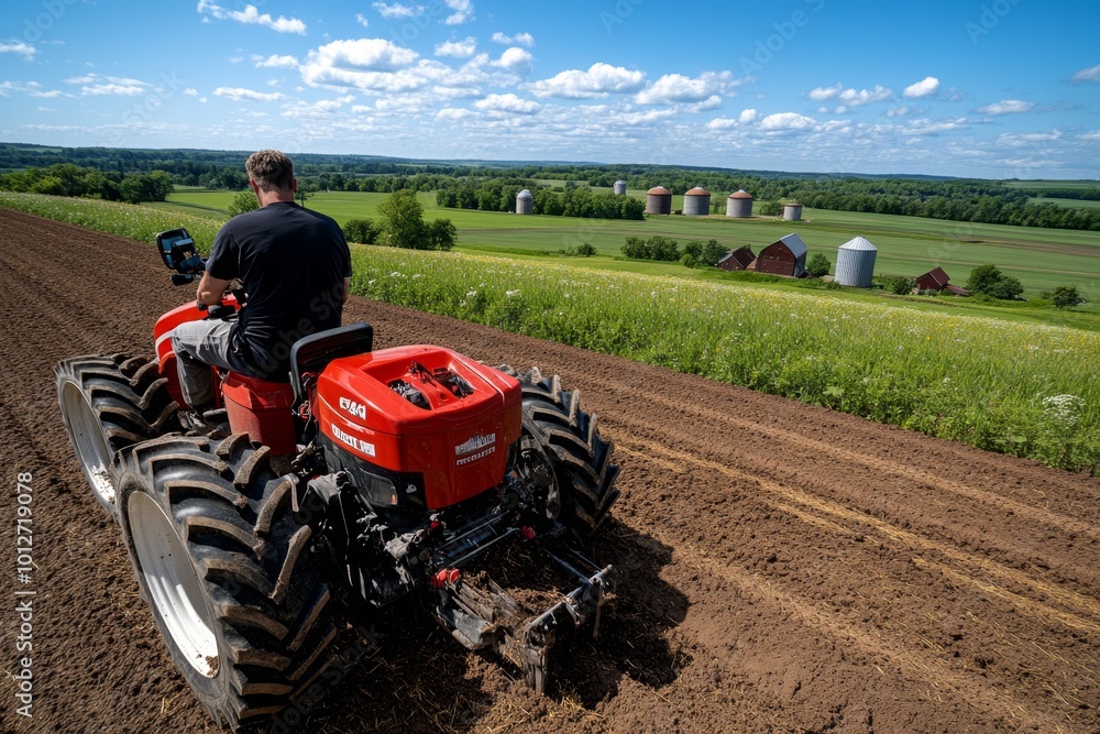 Tractor plowing a vast field, with rich soil being turned, and distant ...