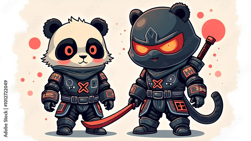 illustraction of techwear chibi panda ninjas robot mecha future ...