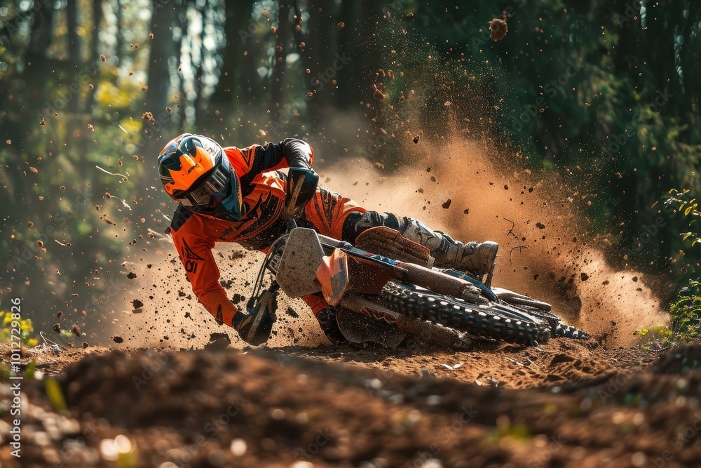 Motocross rider falls in forest showing off road racing risks Stock ...
