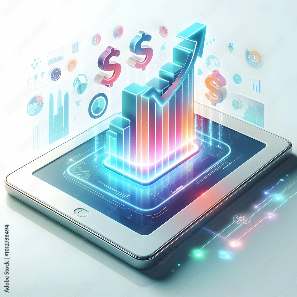 3D Tablet with Holographic Profit Indicators concept as A tablet ...