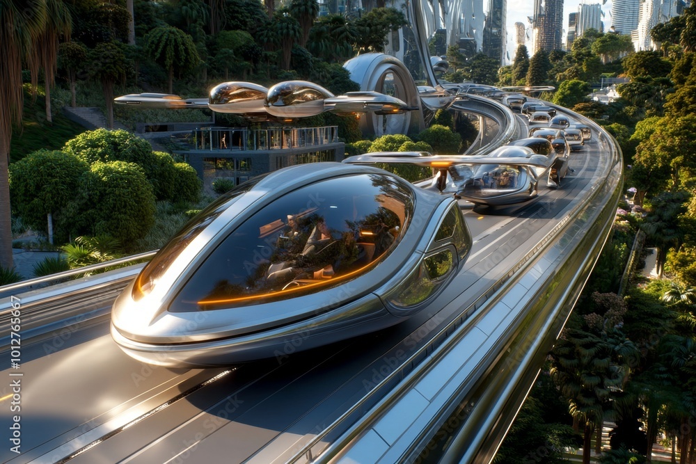 3D futuristic transportation system, showing flying cars and hyperloop ...