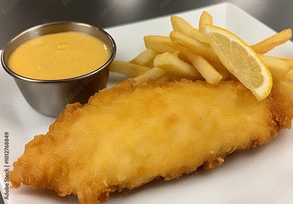 Crispy fried fish with fries and a side of dipping sauce. Stock Photo ...