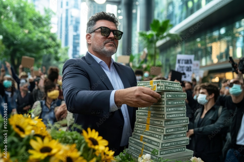 Corporate greed illustrated by a CEO counting stacks of cash in an ...