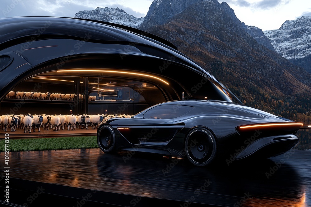 Futuristic livestock farm with automated feeding systems, where animals ...