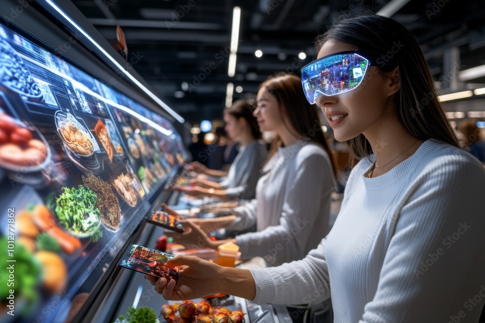 Futuristic market stall with virtual products, customers browsing and ...