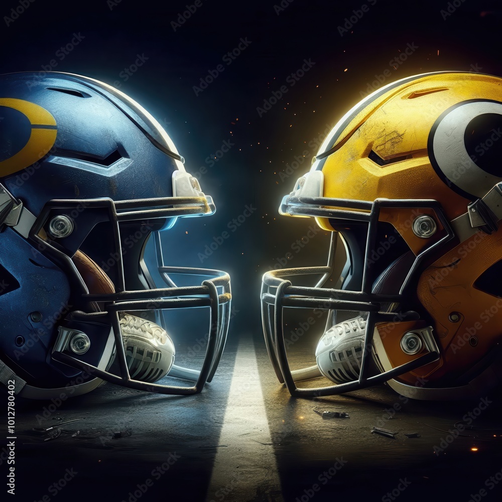 Two football helmets, one blue and one yellow, face each other in a ...