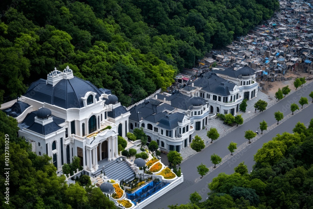 Social divide is displayed with a gated community of mansions next to a ...