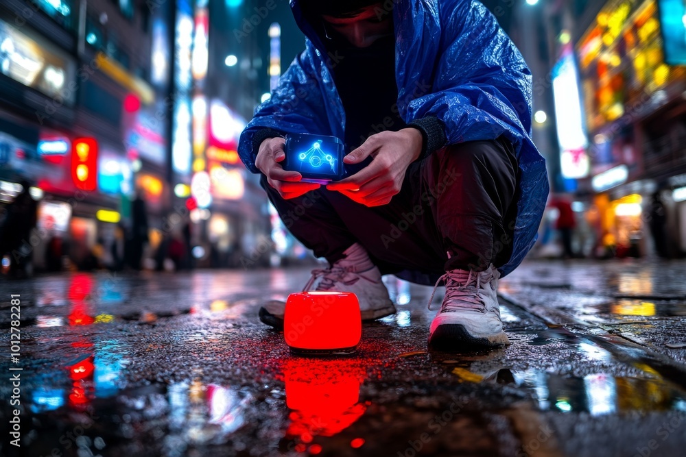 Tech-driven homelessness portrayed by a person with a high-tech device ...