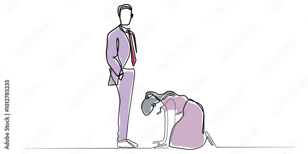 line art drawing of a woman prostrating herself at the feet of a man ...