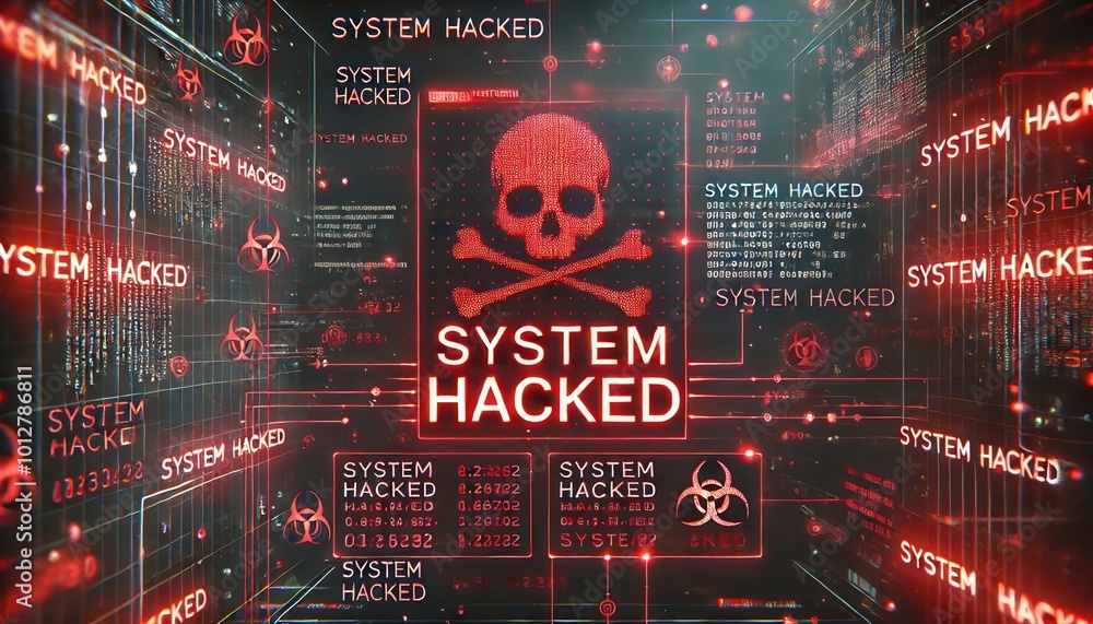 A dynamic digital representation of a cyber attack, featuring warning ...