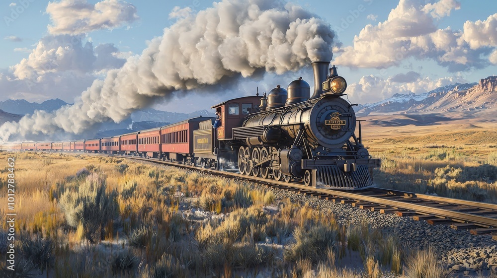 A historic view of a steam locomotive racing along the Transcontinental ...