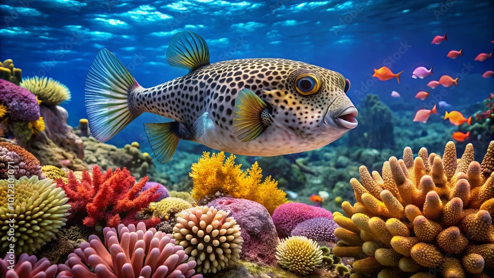 Arothron diadematus Swimming Over Vibrant Coral Reef in the Stunning ...