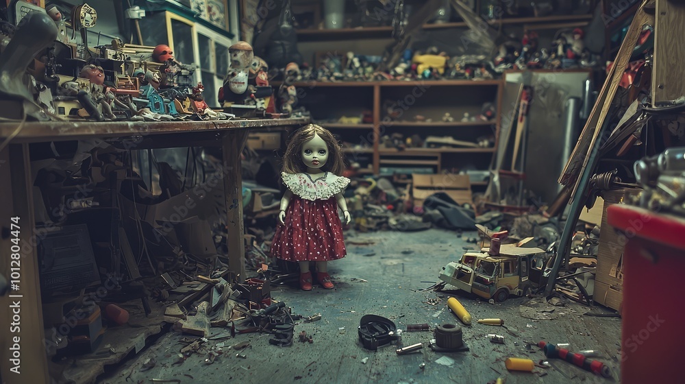 An eerie scene of a dusty workshop filled with vintage toys and a ...