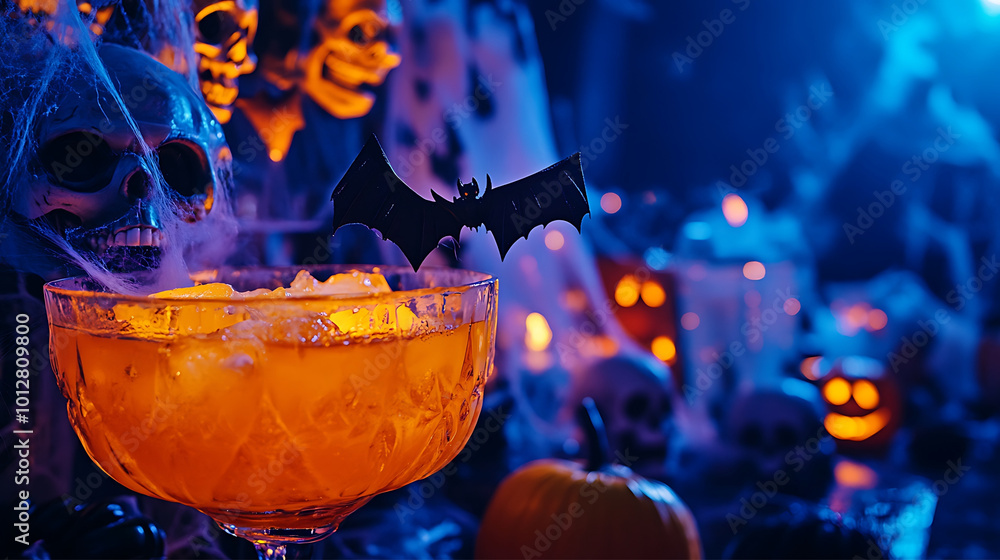 black and orange Halloween party scene, with spooky decorations like ...