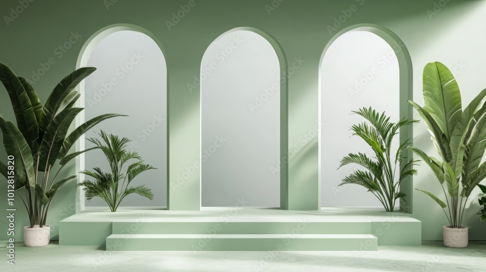 Minimalist Green Stage with Arched Windows and Tropical Plants Creating ...