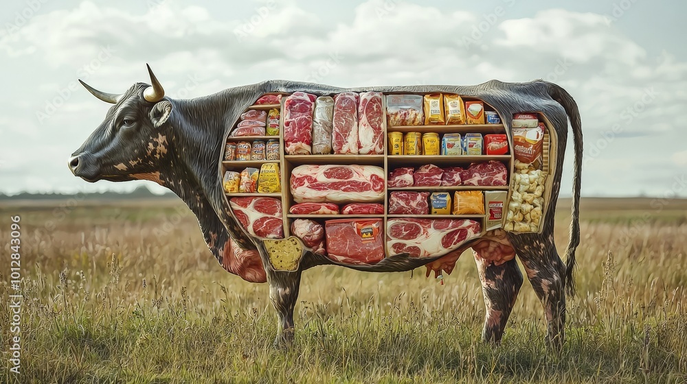 A surreal, hyper-realistic image of a cow standing in a field, its body ...