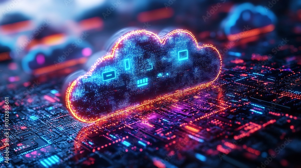 Cloud computing syncing across devices floating digital icons representing data storage and ...