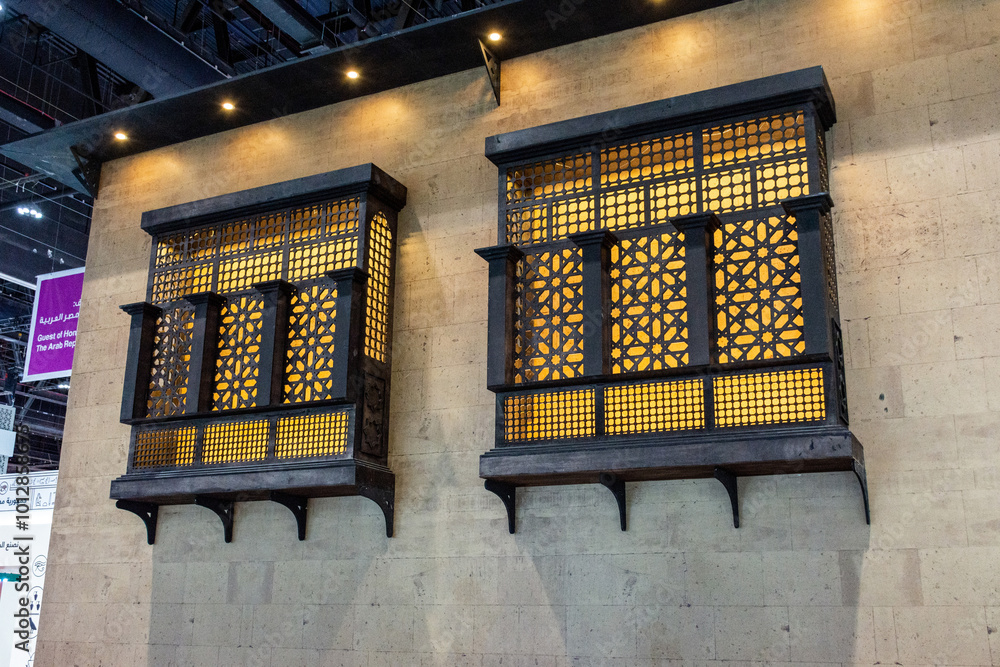 Mashrabiyas window in the building in Abu Dhabi, UAE. Stock Photo ...