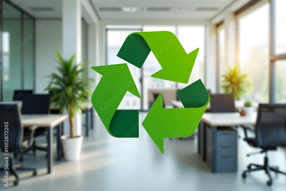 Green recycle symbol icon sign with professional environment background ...