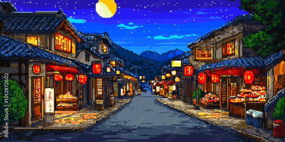 8-bit pixel art, street scene of an old Japanese village with lanterns ...