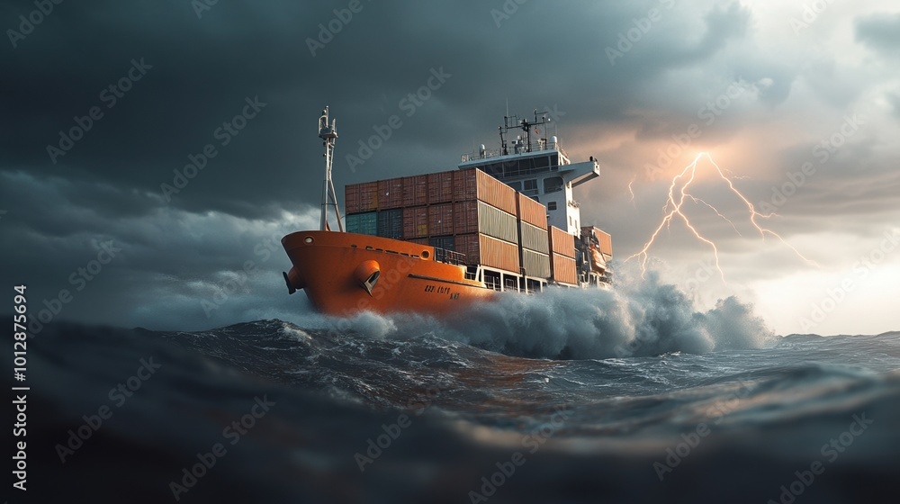 Cargo ship navigating rough seas during a storm with dramatic lightning ...