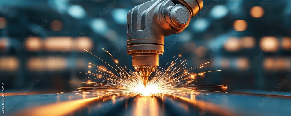 Metal sparks shooting from a malfunctioning robotic arm in a factory ...