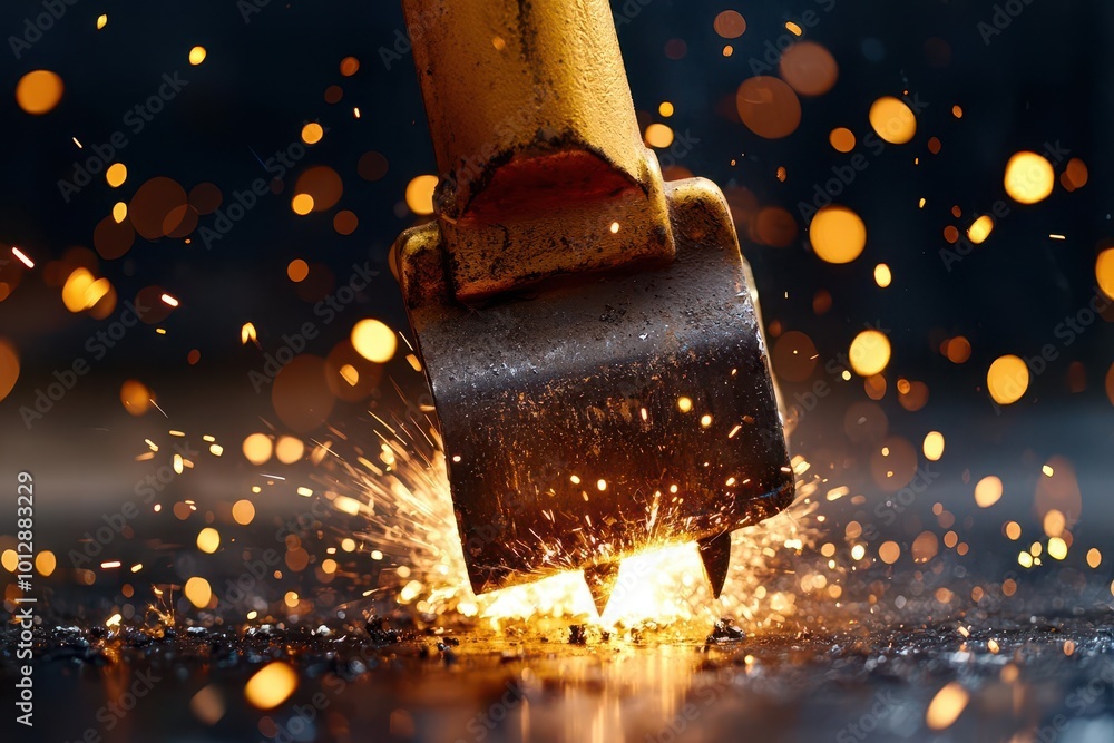 Sparks flying from a jackhammer breaking through metal, the intense ...