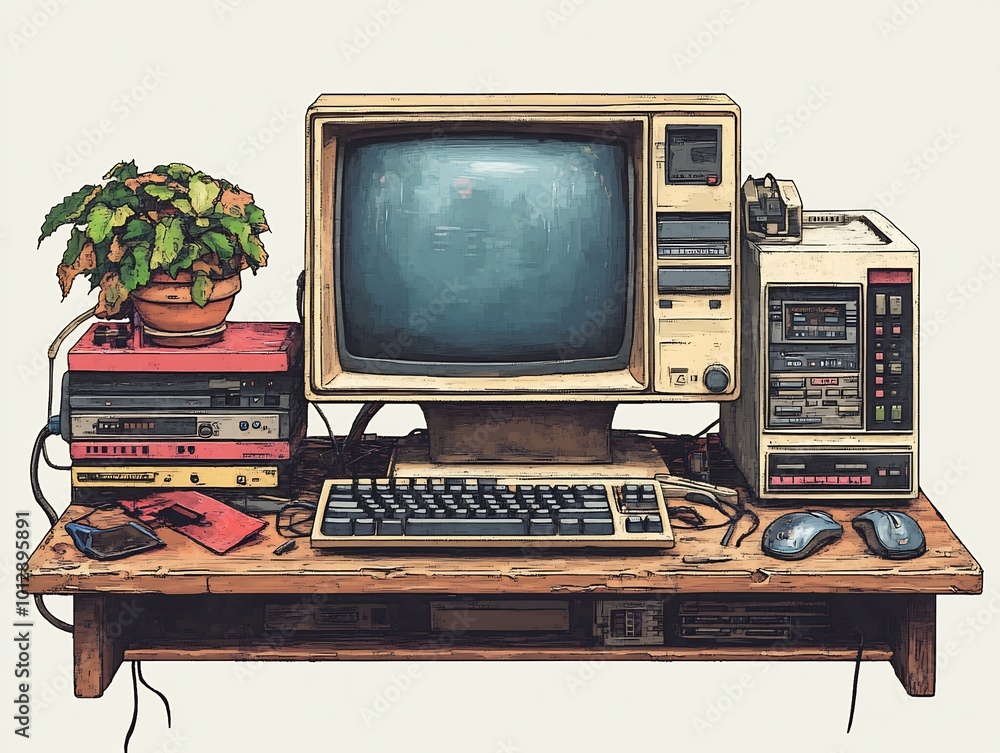 Old computer logo featuring retro tech icons vintage software a ...