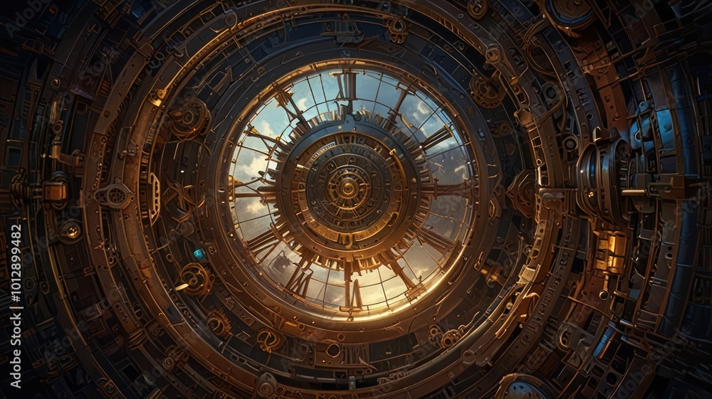 A circular clock face with intricate gears and cogs surrounding it. The ...