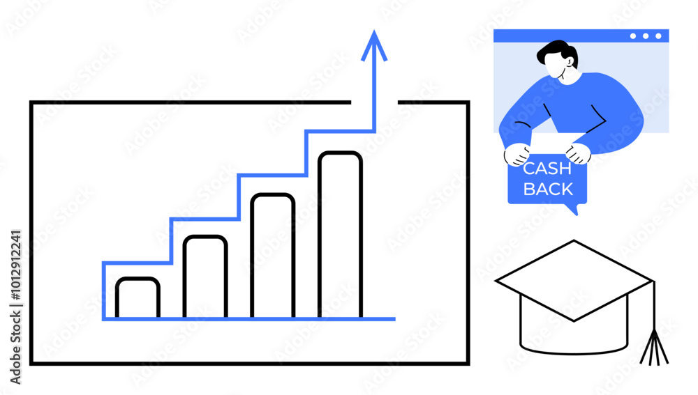 Line graph with upward bars representing growth, a person holding a ...