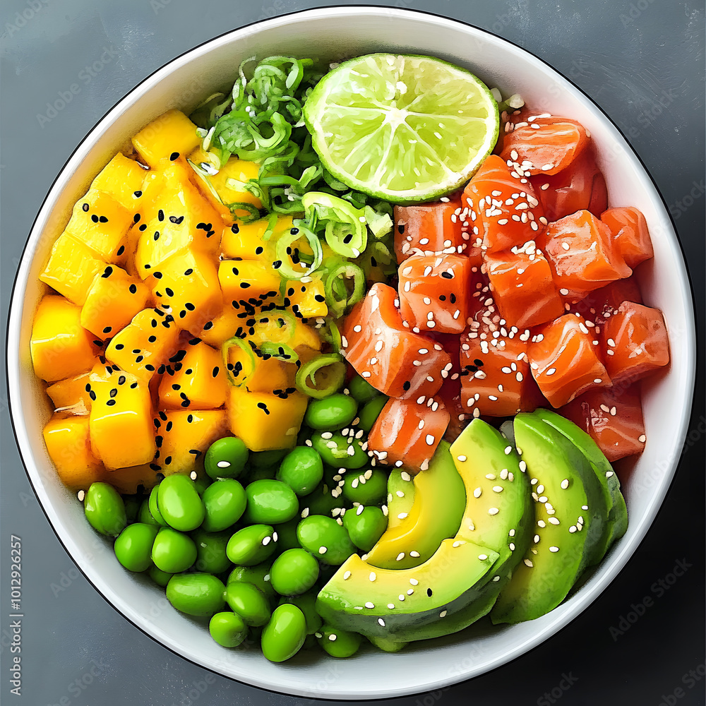 Delightful top view Poke Bowl with Fresh Fish, Colorful Veggies ...
