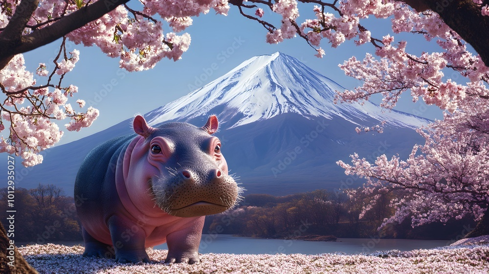 135. Baby pygmy hippo standing at the base of the Mount Fuji with ...