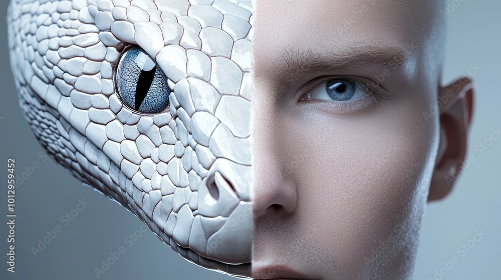 Half human, half eagle face, with one side showing sharp eagle eyes and ...