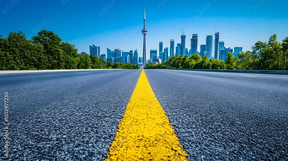 Asphalt highway road with a city skyline in the background, showcasing ...