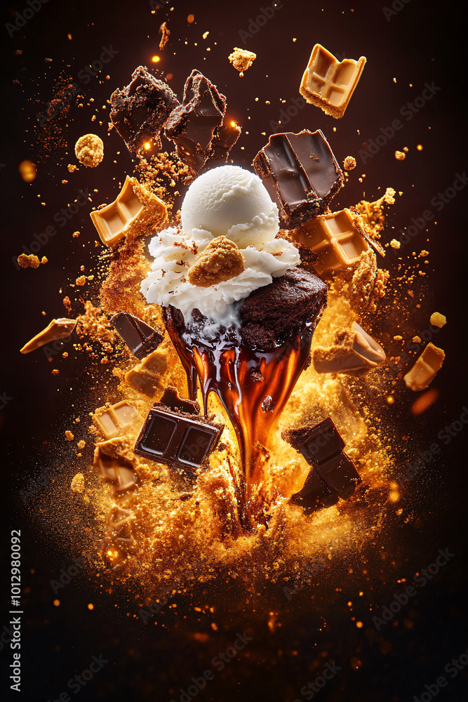 Decadent chocolate brownie topped with ice cream and surrounded by ...