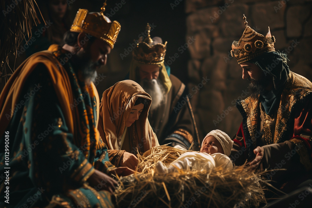 Three Wise Men from the East Worshipping Baby Jesus in the Nativity Scene with Gifts of Gold ...