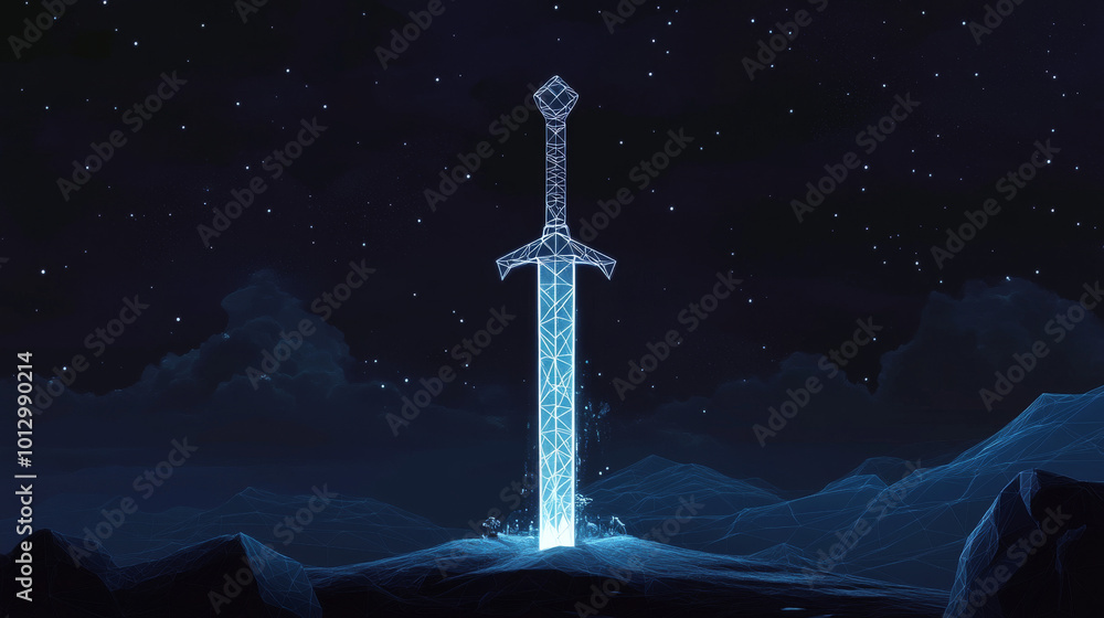 A sharp, geometric sword stands out against a dark night sky. It ...