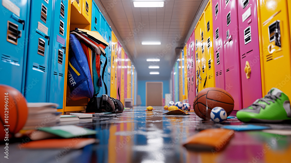 vibrant school hallway filled with colorful lockers, sports equipment ...