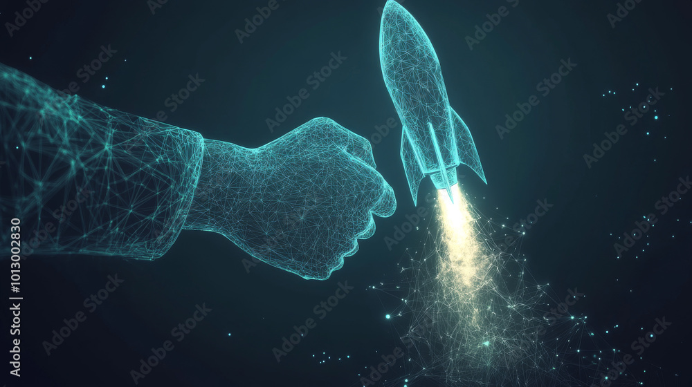 A digital image shows a handshake and a rocket taking off. It ...