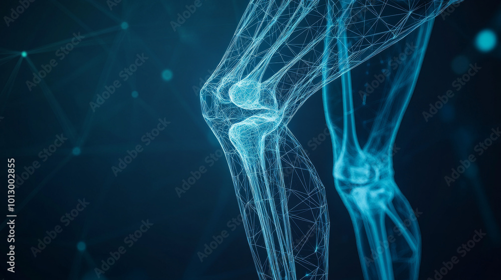 A blue background shows a 3D model of a knee joint made of triangles ...