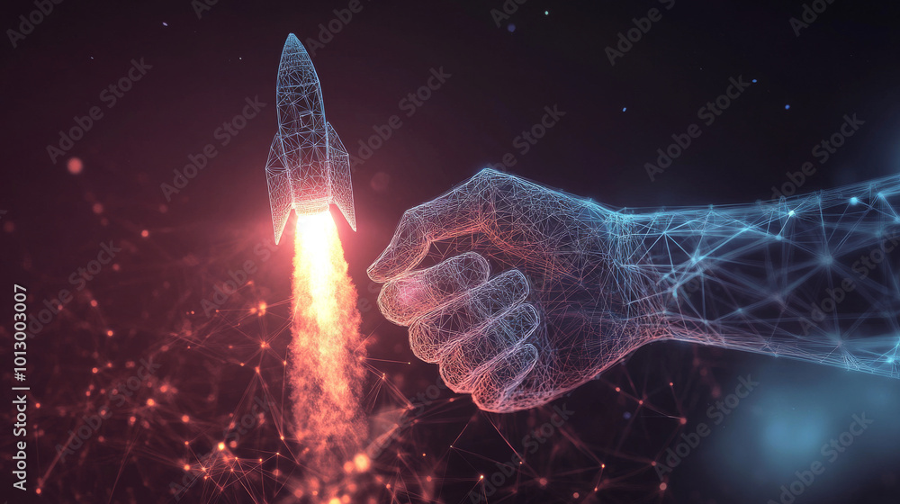 A digital image shows a handshake and a rocket taking off. It ...