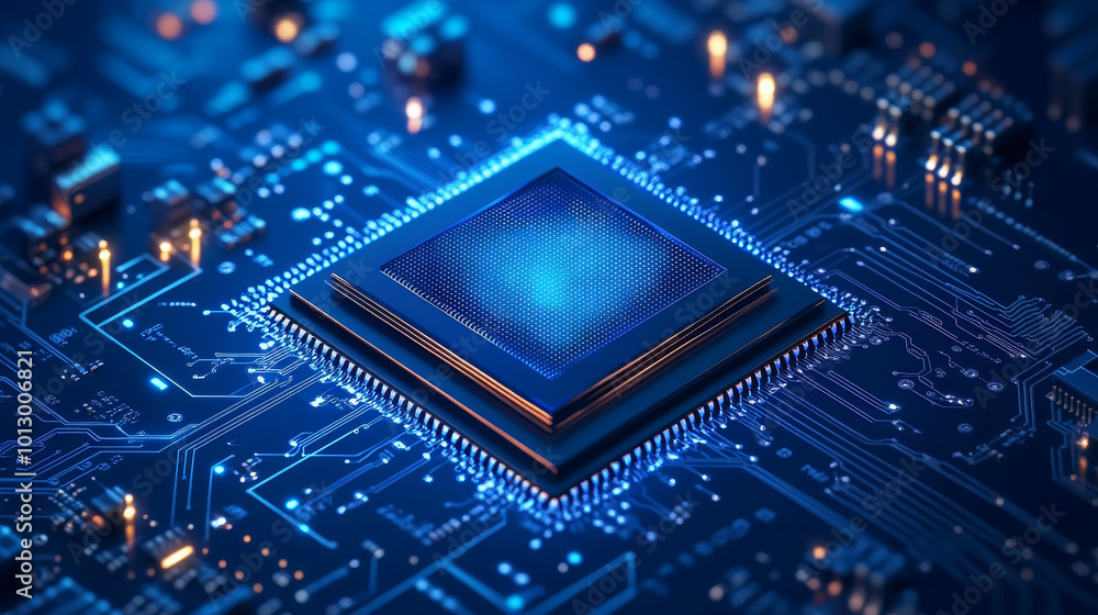 Blue background with a circuit board design represents artificial ...