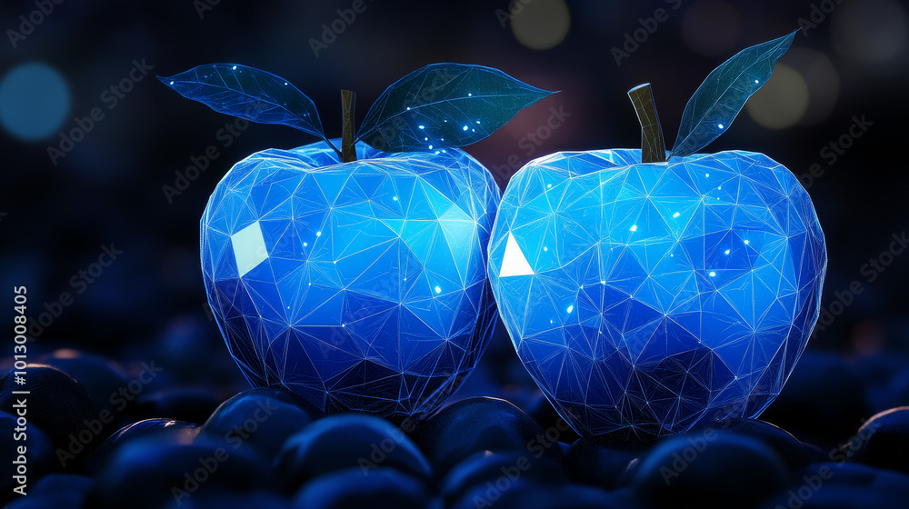 Two simple blue apples, made up of triangles, look like stars in a dark ...