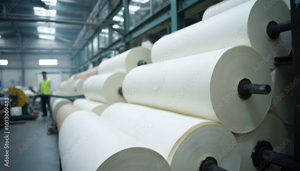 A paper mill featuring huge rolls of paper being processed, showcasing ...