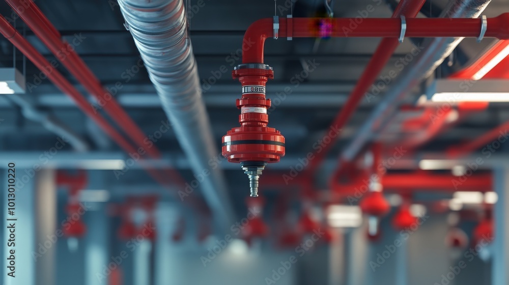 A detailed view of a fire suppression setup showcasing ceiling-mounted ...