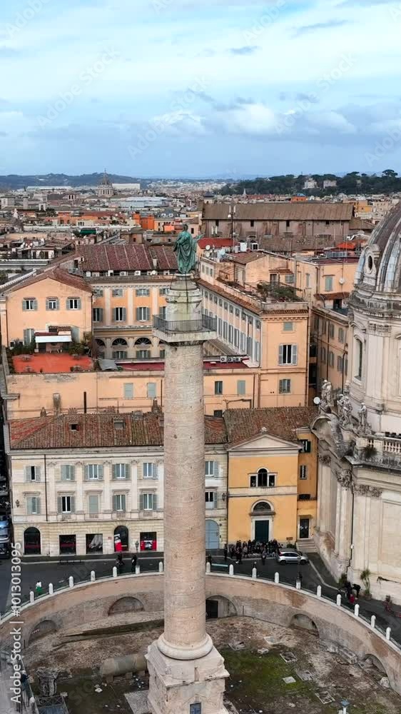 Trajan's Column (Colonna Traiano) in Rome, Italy. Close-up aerial view ...